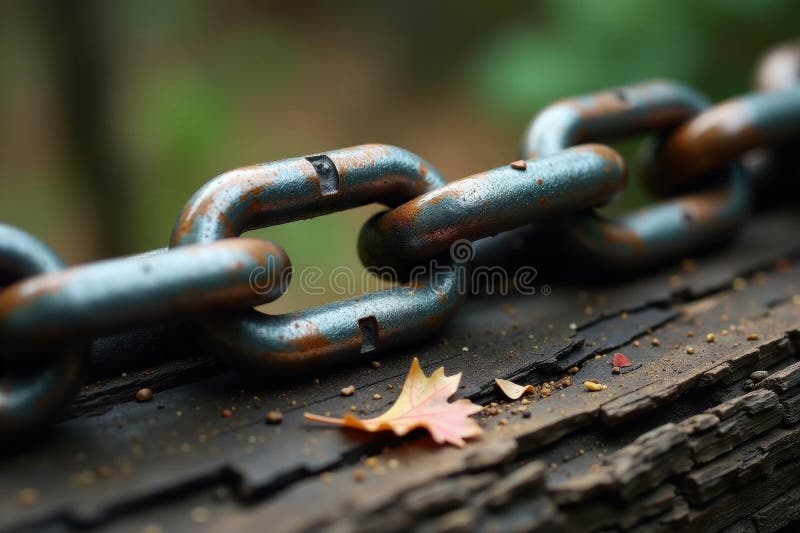 Tarnished Metal Chain Link, Broken, Rests on Rough Wood , Damaged ...