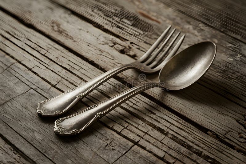 Tarnished Silver Fork and Spoon Rest on a Rustic, Cracked Wooden ...