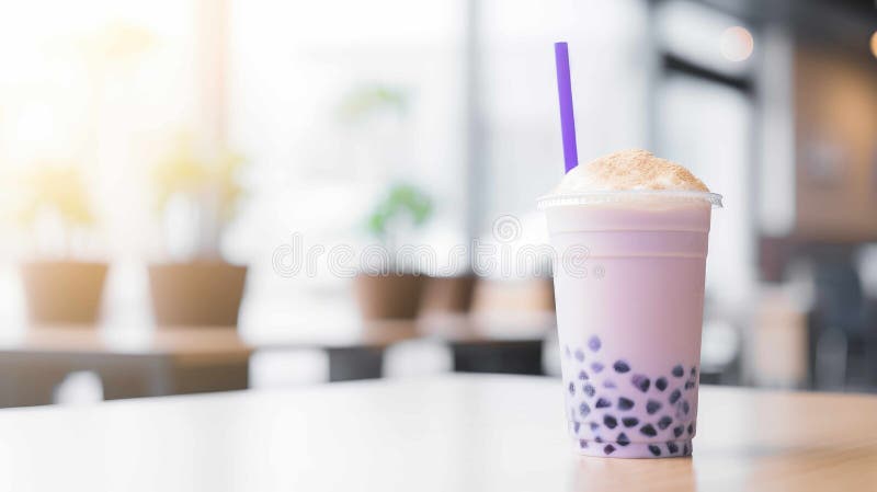 Taro Bubble Tea with Tapioca at a Coffee Shop. Generative AI. Stock ...