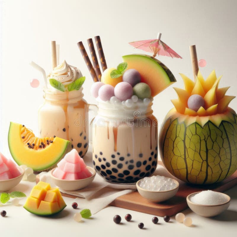 Taro, Honeydew, and Thai Milk Tea with Tapioca Pearls and Straws on ...