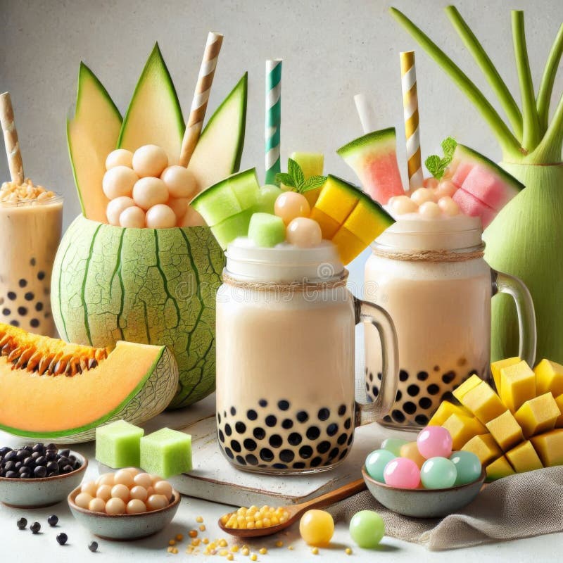 Taro, Honeydew, and Thai Milk Tea with Tapioca Pearls and Straws on White Background Stock ...