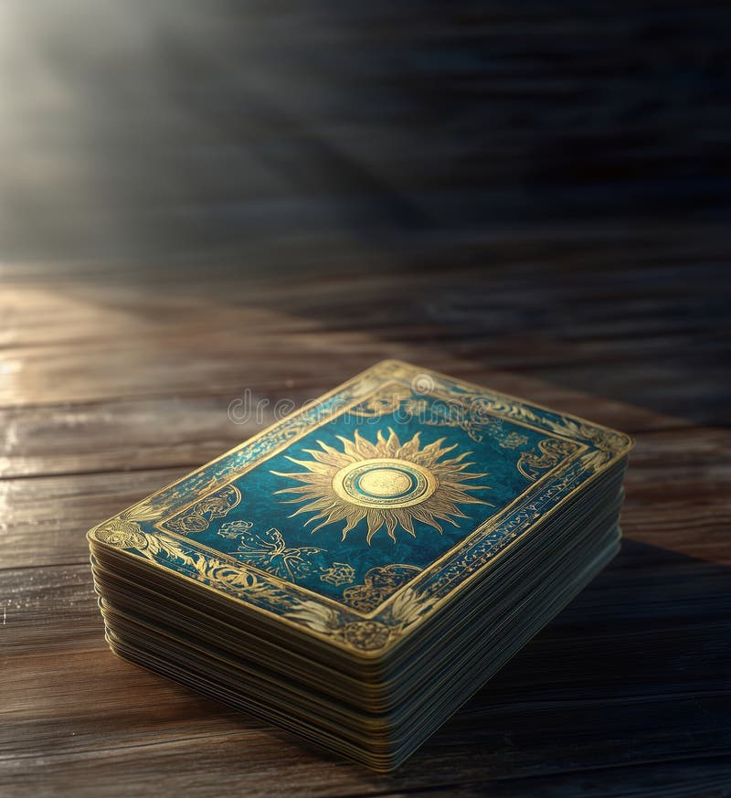 Tarot Card Deck with Intricate Sun Design on Wooden Surface Illuminated ...