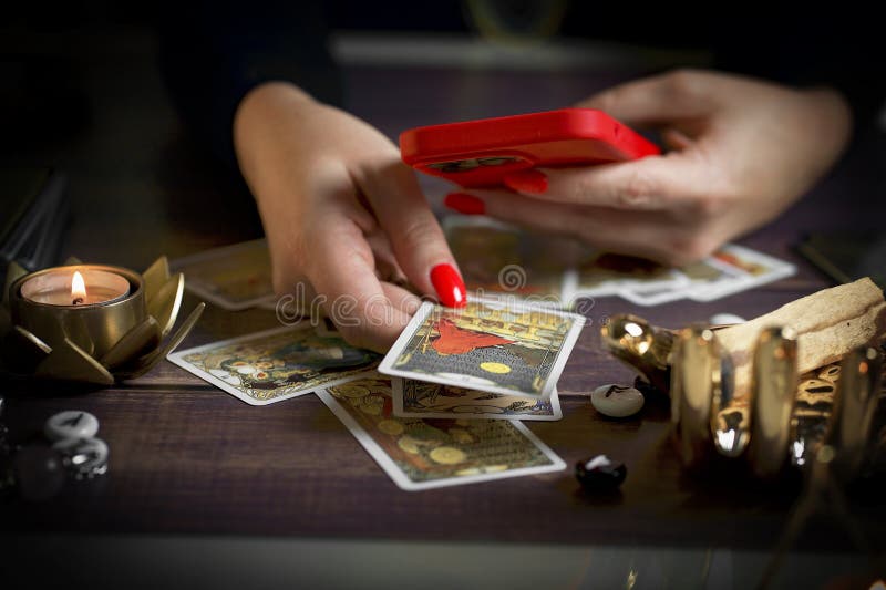 Tarot Card Reader Arranges Cards in a Card Spread. Fortune-telling ...