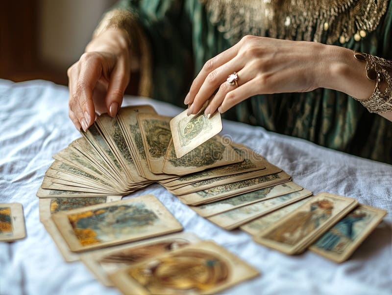 Tarot Card Reading Session with Hands Displaying Cards on a Table Stock ...