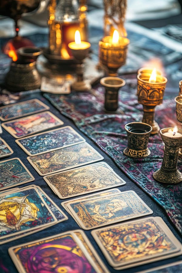 Tarot Cards Spread Mystical Table Candles Decorative Items Stock Photos ...