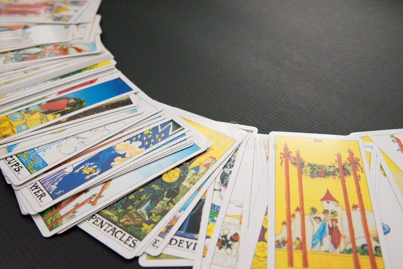 Tarot Cards on the Black Surface - Close Up Stock Image - Image of ...