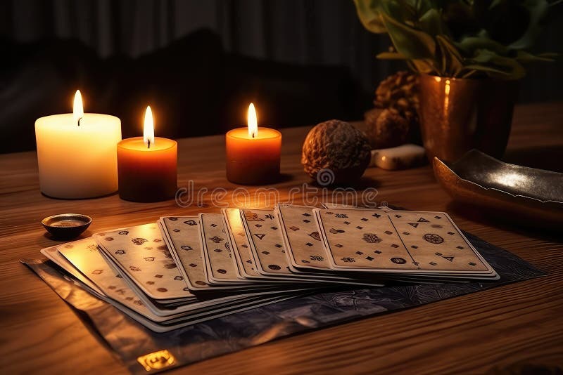 Tarot Cards and Candles on Wooden Table at Night Stock Illustration ...