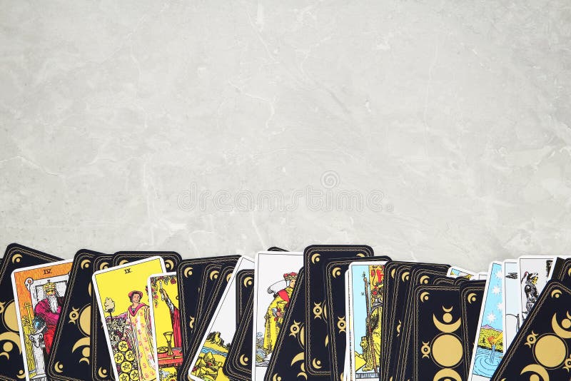 Tarot Cards on Grey Table, Top View. Space for Text Stock Image - Image ...
