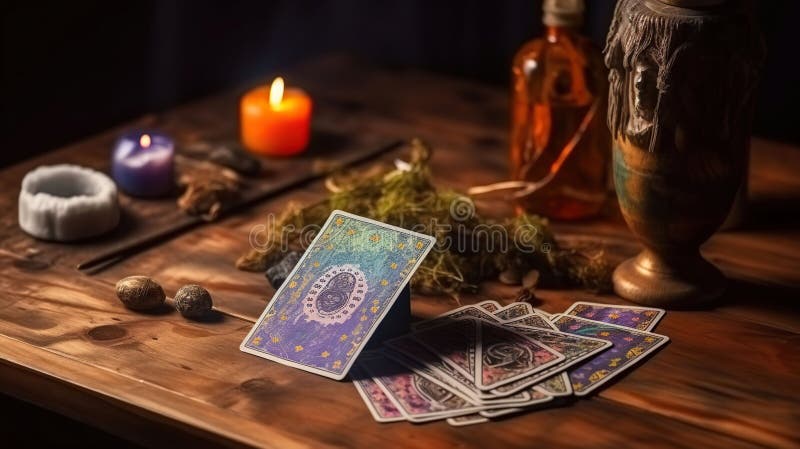 Tarot Cards and Magic Attributes on Wooden Table. AI Generative Stock ...