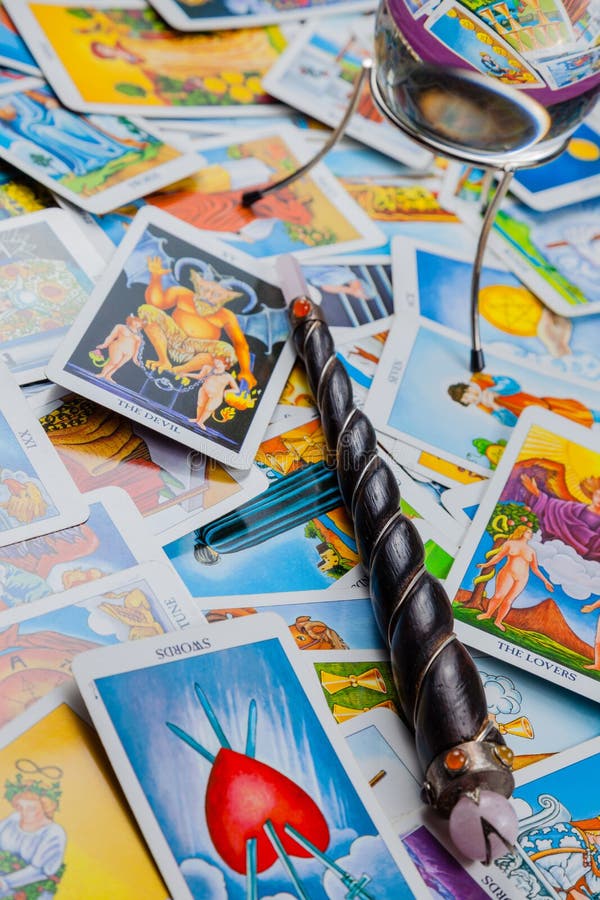 Tarot Cards With A Magic Ball And Magic Wand. Stock Photo - Image of ...