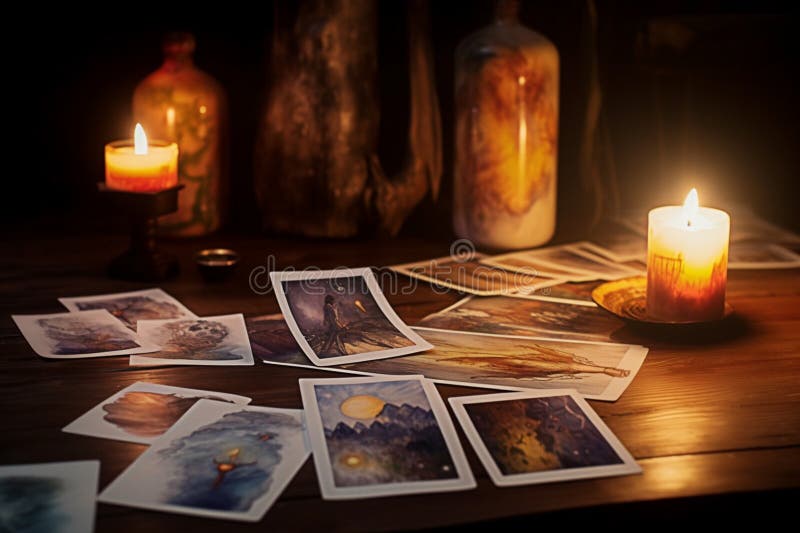 Tarot Cards, Fortune Teller and Candles on Table in Room. Generative AI ...