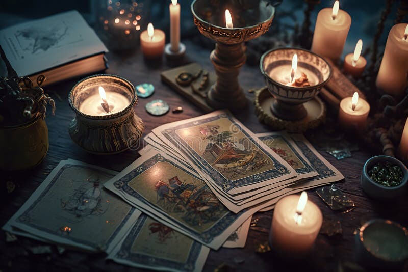 Tarot Cards Scattered on the Table with Some Tarot Ritual Objects ...