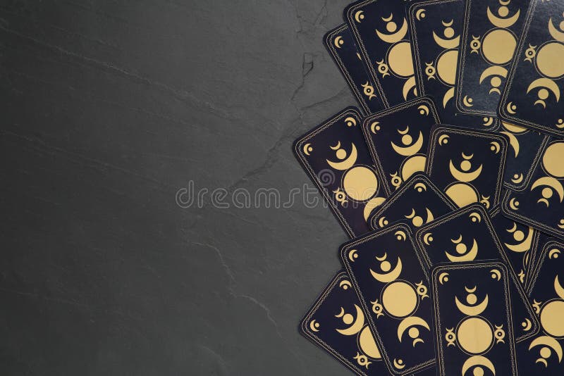 Tarot Cards and Space for Text on Black Table, Flat Lay. Reverse Side ...