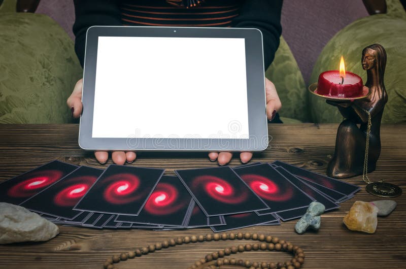 Tarot Cards and Tablet Computer Pad with Blank Screen with Copy Space ...