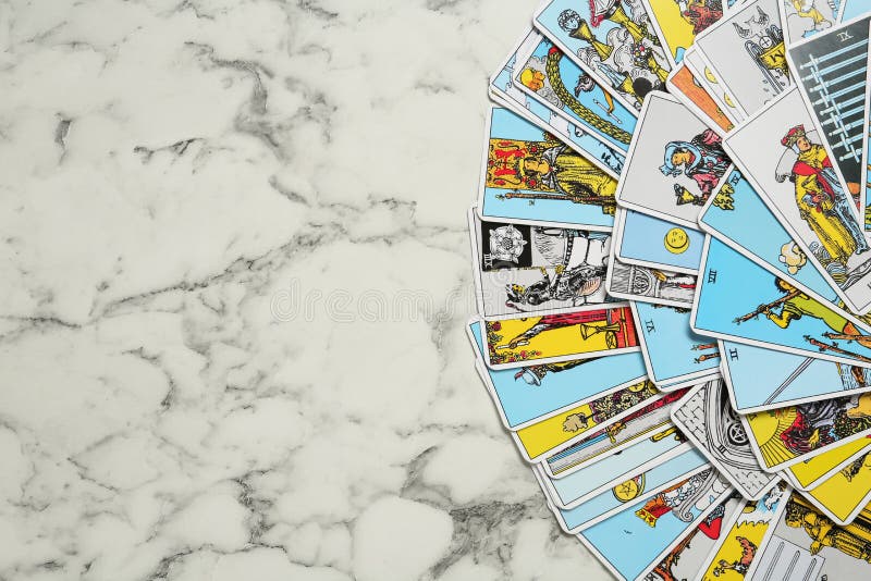 Tarot Cards on White Marble Table, Top View. Space for Text Stock Photo ...