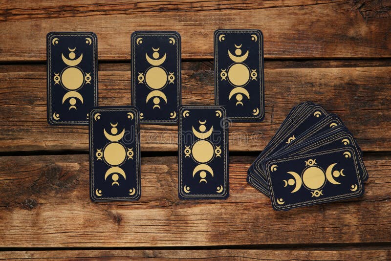 Tarot Cards on Wooden Table, Flat Lay. Reverse Side Stock Image - Image ...