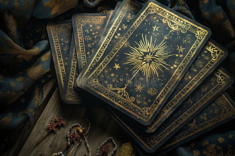 Tarot Cards on Wooden Table. Magic Occult Background Stock Illustration ...