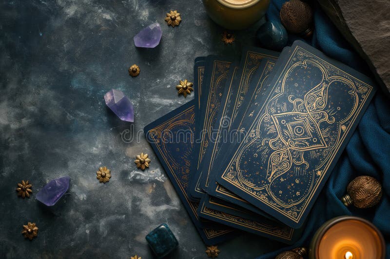 Tarot Cards on Wooden Table. Magic Occult Background Stock Illustration ...