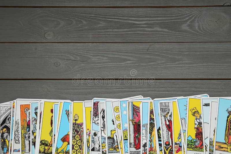 Tarot Cards on Wooden Table. Space for Text Stock Photo - Image of copy ...