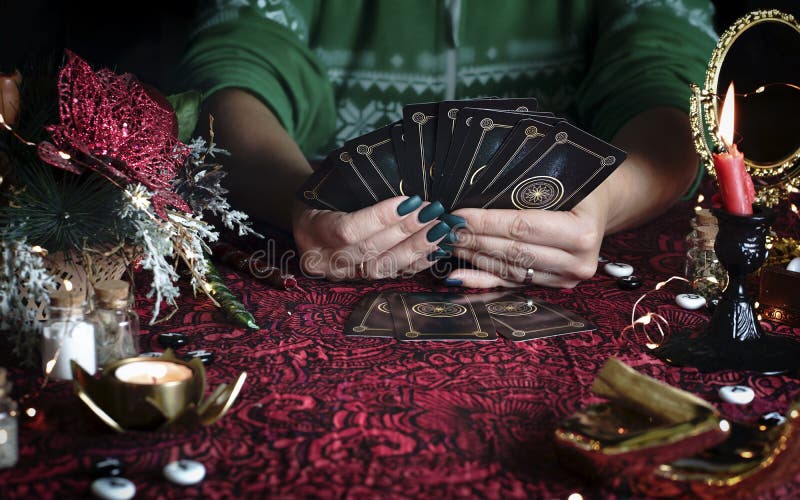 Tarot Reader or Fortune Teller Reading on Christmas Decoration. Stock ...