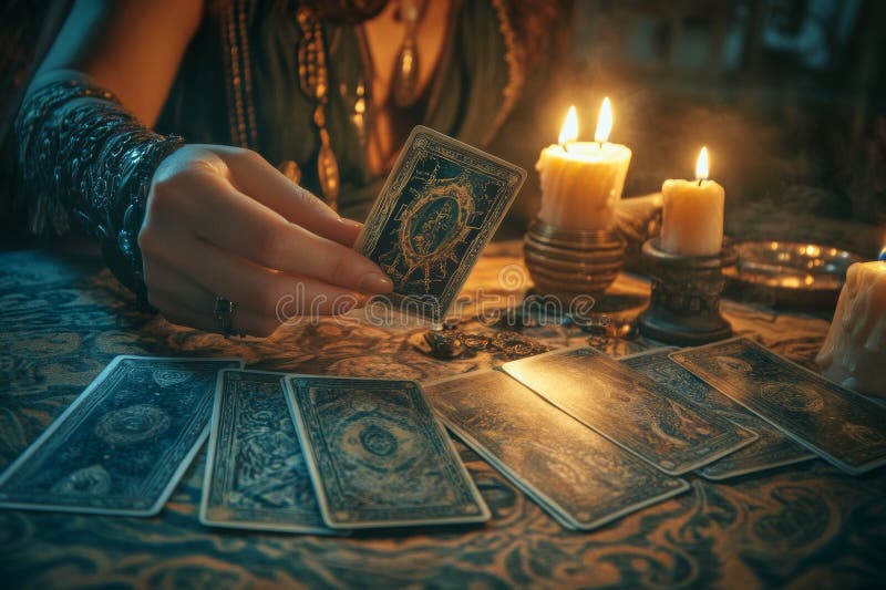 The Tarot Reader Places Tarot Cards Face Down on the Table, Surrounded ...