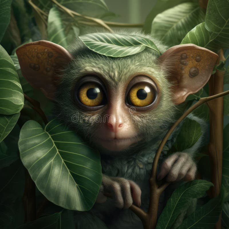 A Tarsier Head Wrapped in Green Leaves on a Background of Leaves ...