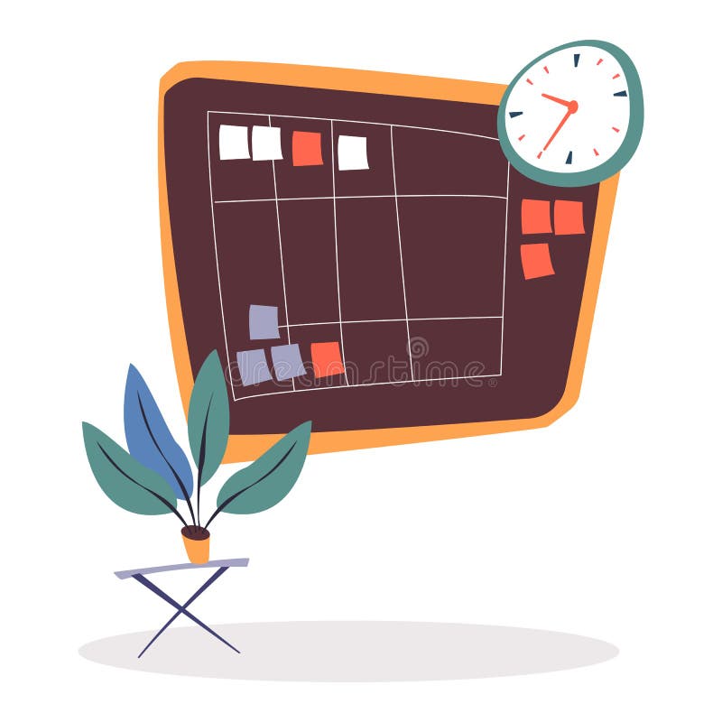 Task Board with Paper Stickers, Clock and Plant Stock Vector ...