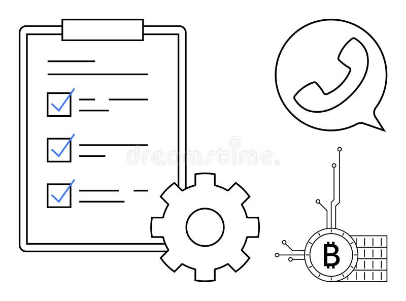 Task Checklist with Gear, Call Icon, and Bitcoin Symbol on White ...