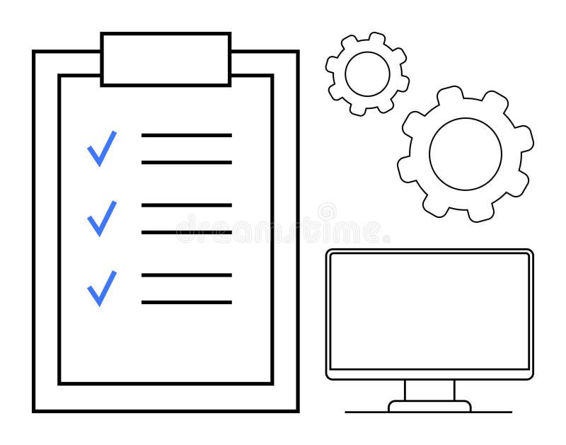 Task List with Gears and Computer for Workflow and Productivity Management Stock Vector ...