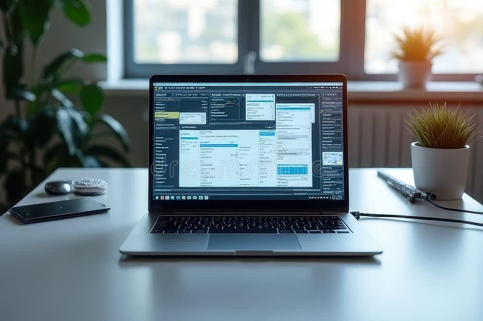 Task-Oriented Laptop Setup for Efficiency Stock Illustration ...