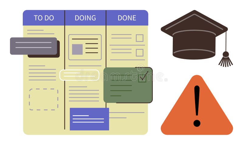 Task Workflow Board with Academic Cap and Warning Sign for Productivity ...