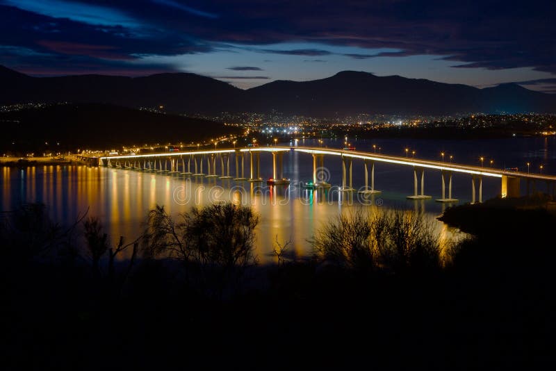 Tasman Bridge at night stock image. Image of illuminated - 81399755