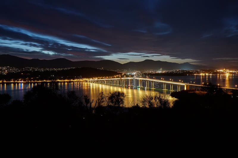 Tasman Bridge at night stock image. Image of connection - 83874311