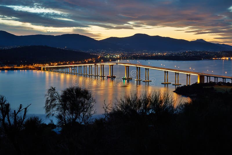 Tasman Bridge at night stock photo. Image of architecture - 97679232