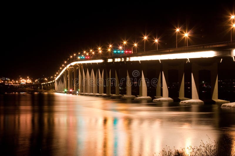 Tasmania bridge at night stock photo. Image of yellow - 16835728