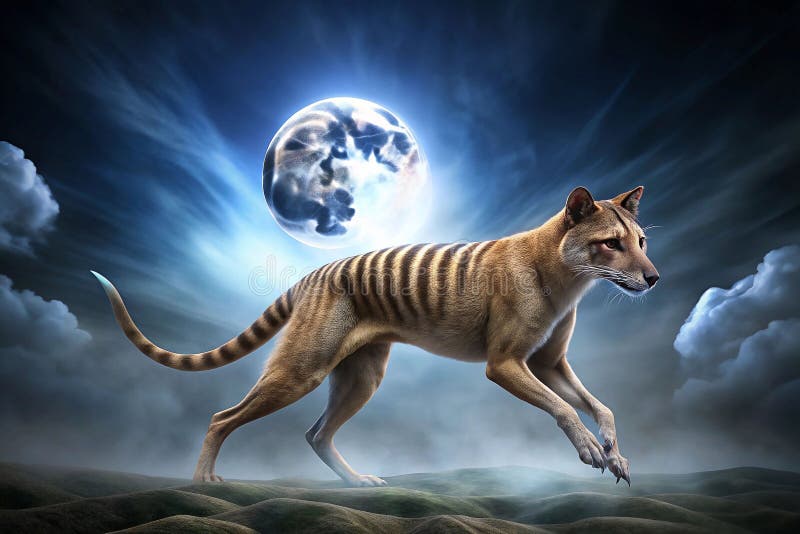 Tasmanian Tiger Running at Night Under Moon Stock Illustration ...
