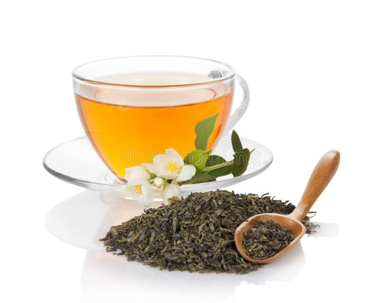 Tasse Tee mit einem Jasmin stockfoto. Bild von frühstück - 35306992