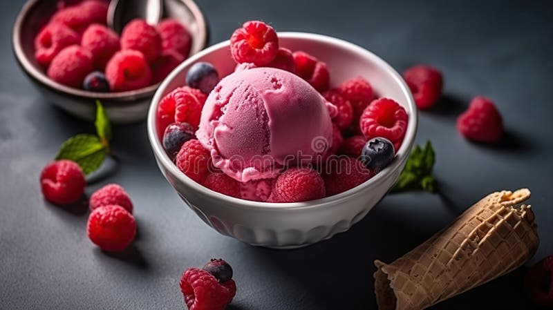 A Taste of Summer, Overhead Shot of Raspberry Ice Cream in a White Bowl ...