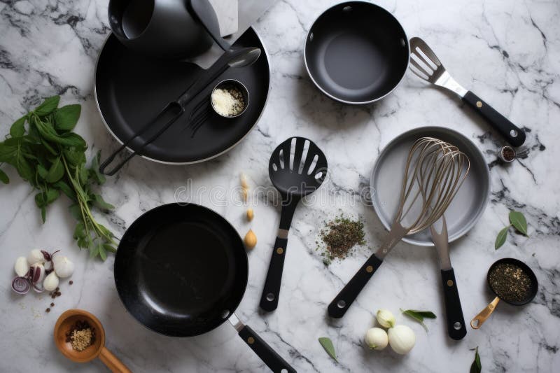 Tasteful Flatlay of Cooking Utensils on Marble Surface Stock ...