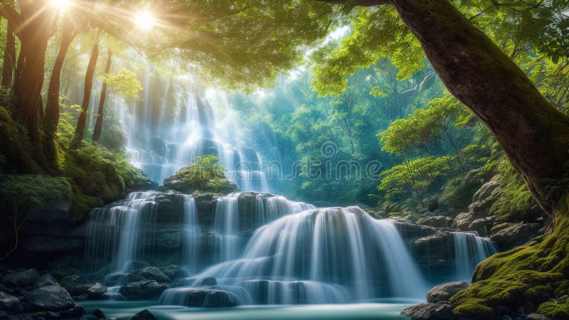A Tasteful Waterfall in a Lush Green Forest with Sun Shining through ...