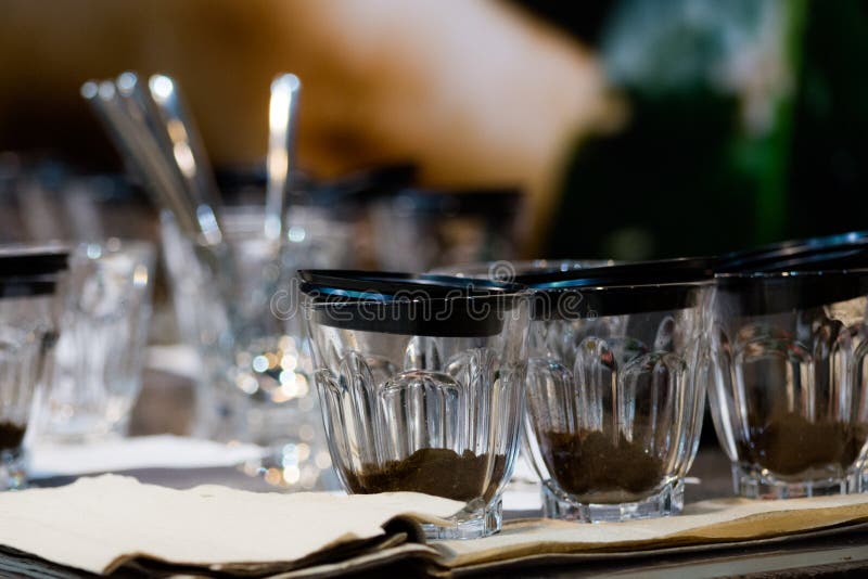 Tasting Coffee in Glass, Coffee Cups on Table for Tasting Stock Photo ...