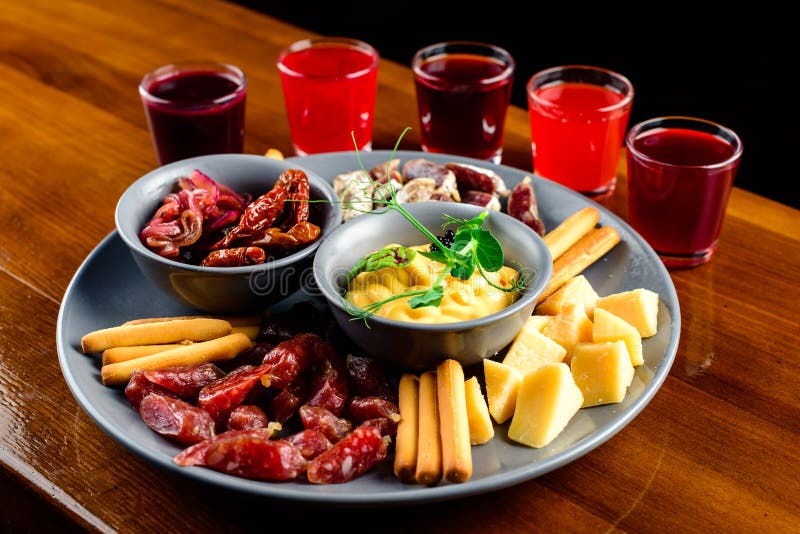 Tasting Set, Assorted Alcoholic Tinctures and Snacks. Still-life Stock ...