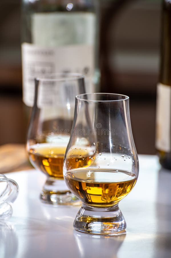 Tasting Of Whiskey Tulip Shaped Tasting Glasses With Dram Of Scotch Single Malt Or Blended