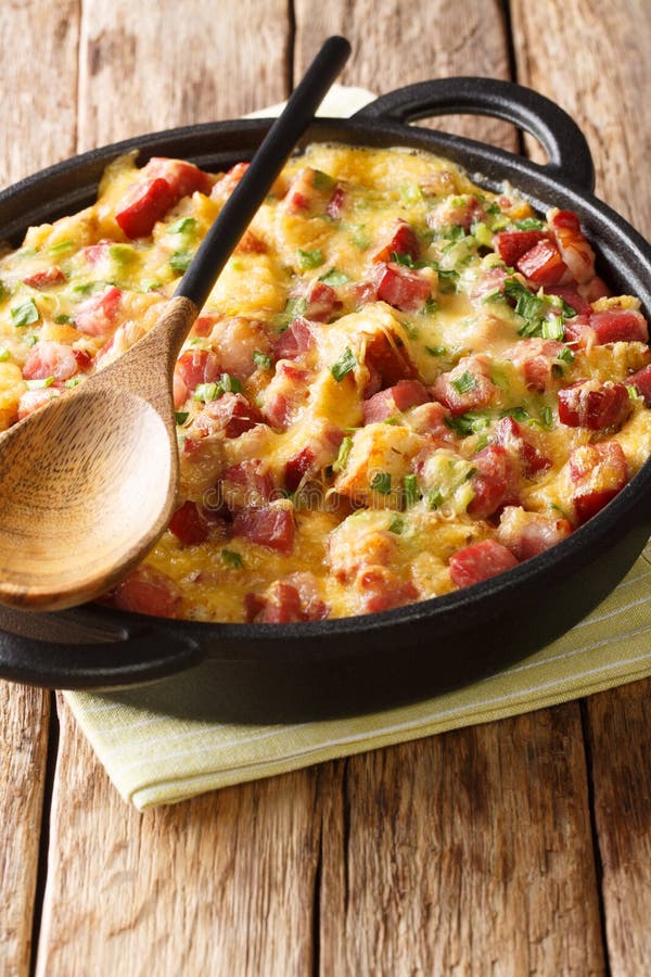 Tasty American Breakfast Strata with Ham, Bread, Onions, Cheese and ...