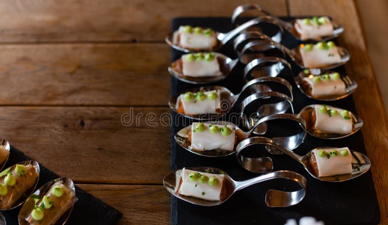Seafood Appetizers on Spoon. Snacks in Spoons. Stock Photo - Image of ...