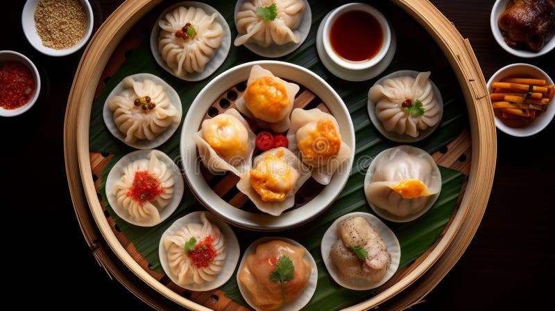 Tasty Assorted Dim Sum Selection on Tray Stock Illustration ...