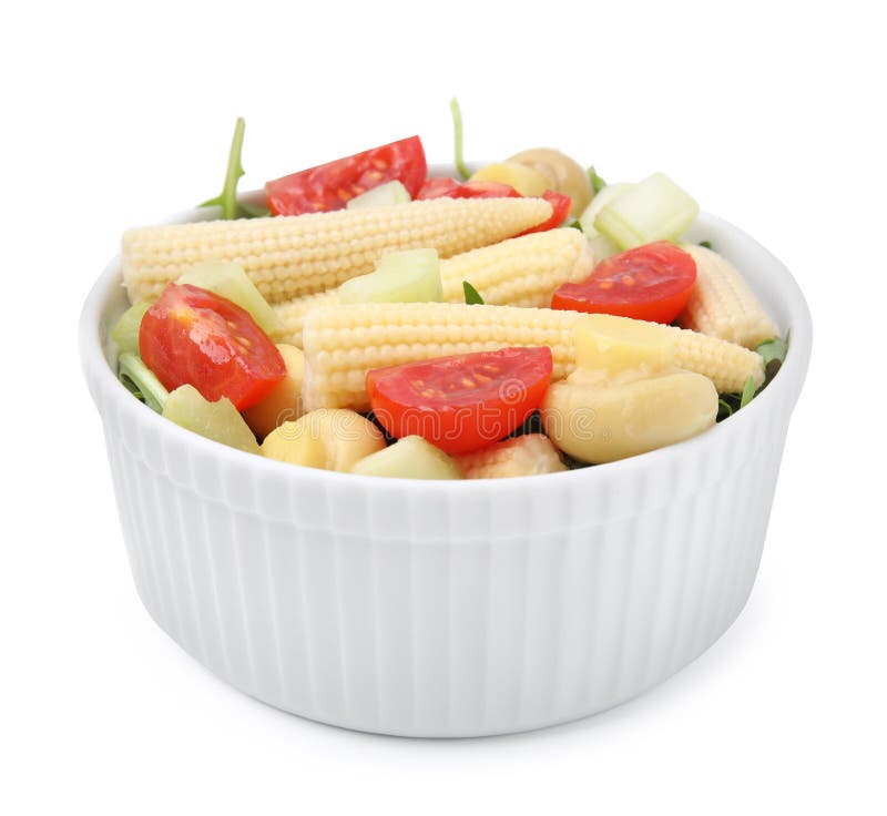 Tasty Baby Corn with Vegetables and Champignons Isolated on White Stock ...
