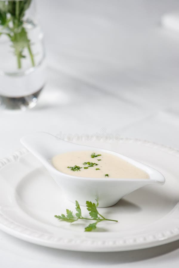Tasty Bechamel Sauce or White Sauce with Fresh Greenery Stock Image ...