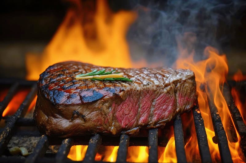 Tasty Beef Steak on Grill Grate with Fire. Close-up View Stock ...