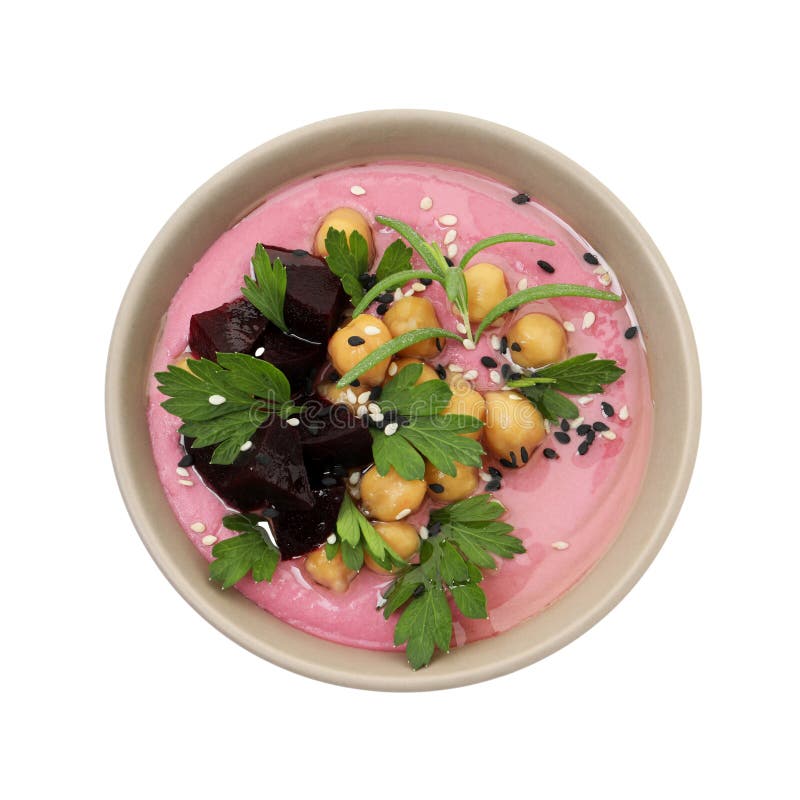 Tasty Beetroot Hummus and Chickpeas in Bowl Isolated on White, Top View ...